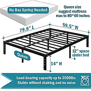 OmiNight 14 inches High Queen Bed Frame 3500lbs Heavy Duty Steel Slat Support Metal Platform No Box Spring Needed Noise Free-Black