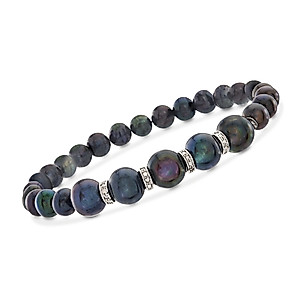 Ross-Simons 6-8.5mm Black Cultured Pearl and .25 ct. t.w. Diamond Stretch Bracelet With Sterling Silver. 7 inches