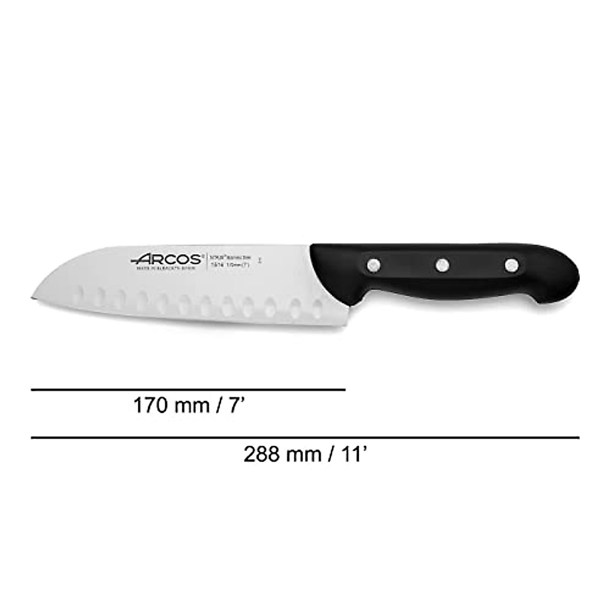 ARCOS Santoku Knife 7 Inch Nitrum Stainless Steel. Japanese Kitchen Knife for Fish, Meat and Vegetables. Ergonomic Polyoxymethylene POM Handle and 170 mm blade. Multi-use. Series Maitre. Color Black