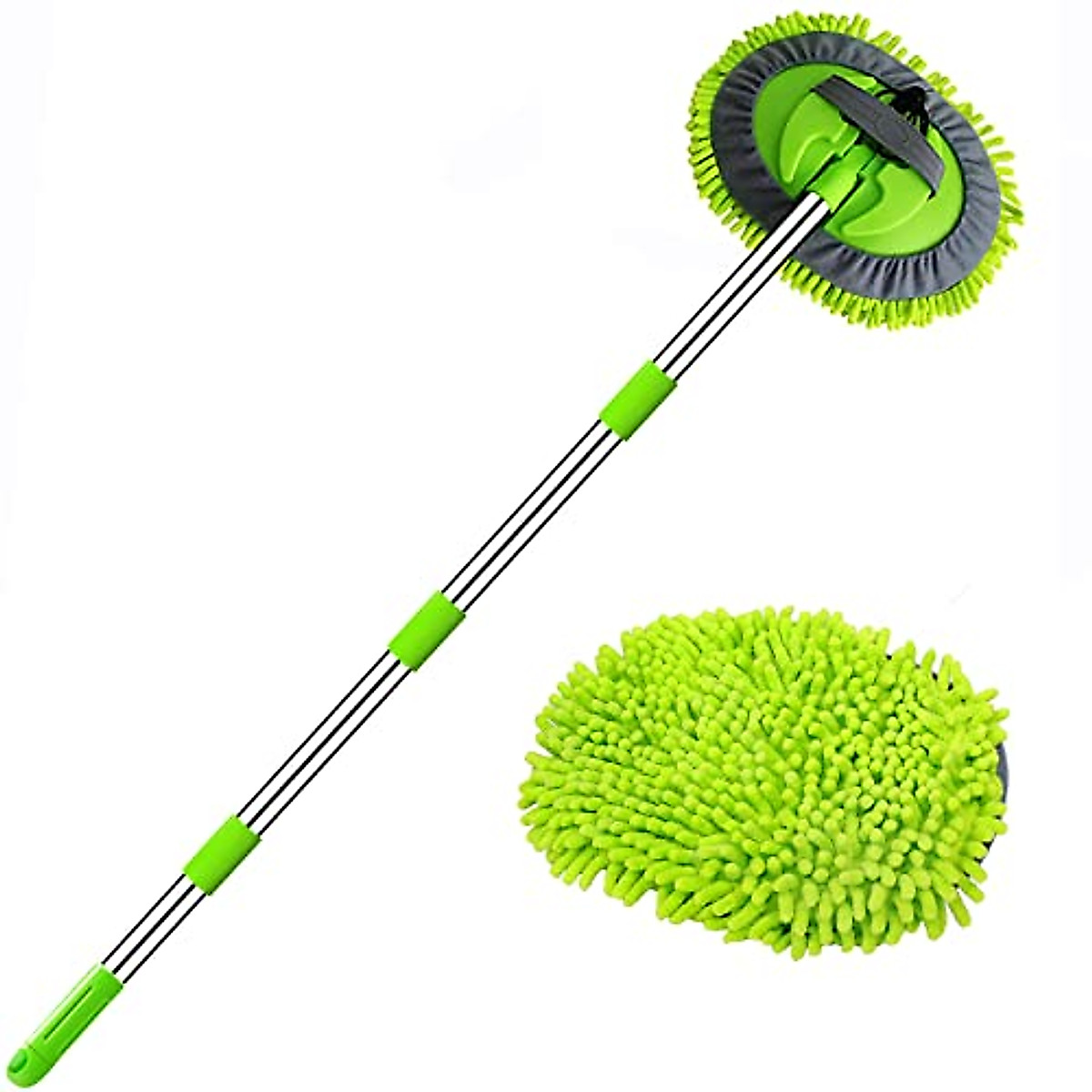 WillingHeart 63" Car Wash Mop Brush Tool Mitt with Long Handle Length More Suitable for Washing American Cars Truck, SUV, RV, Trailer, 2 in 1 Chenille Microfiber Duster Not Hurt Paint Scratch Free