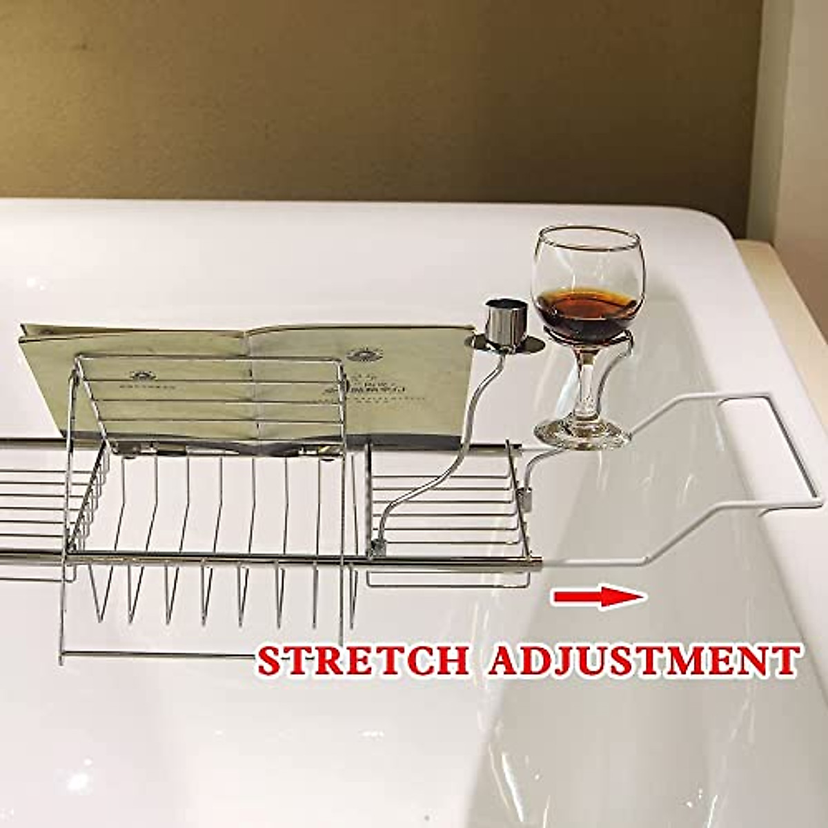 BDL Stainless Steel Bathtub Caddy Tray, Expandable Bath tub Table Shelf Bath Organizer with Reading Pad Rack or Tablet Holder, Candle Holder and Including Two Wine Glass Holders (Silver)