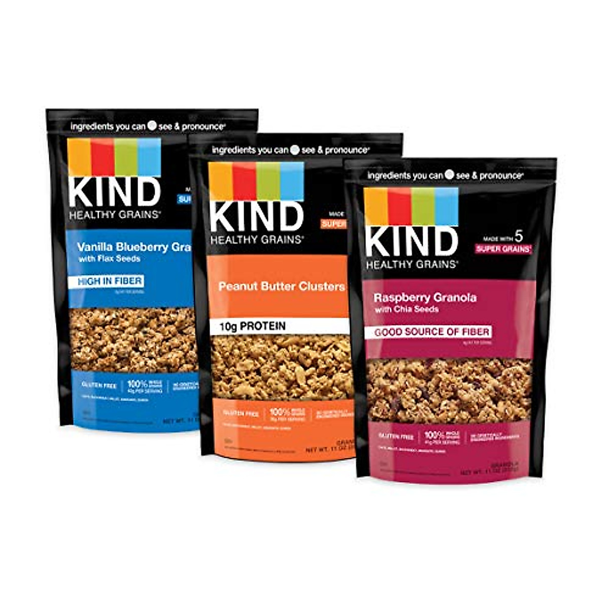 Kind Healthy Grains Clusters- Super Variety Packs 11 Oz (Pack of 3) Peanut Butter,Vanilla Blueberry,Rasberry by BAR
