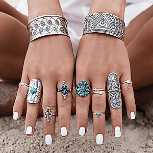 COLORFUL BLING 9 Pcs Set Boho Western Ring Set Turquoise Cactus Arrow Flower Carved Retro Stackable Joint Knuckle Finger Rings Sets for Women