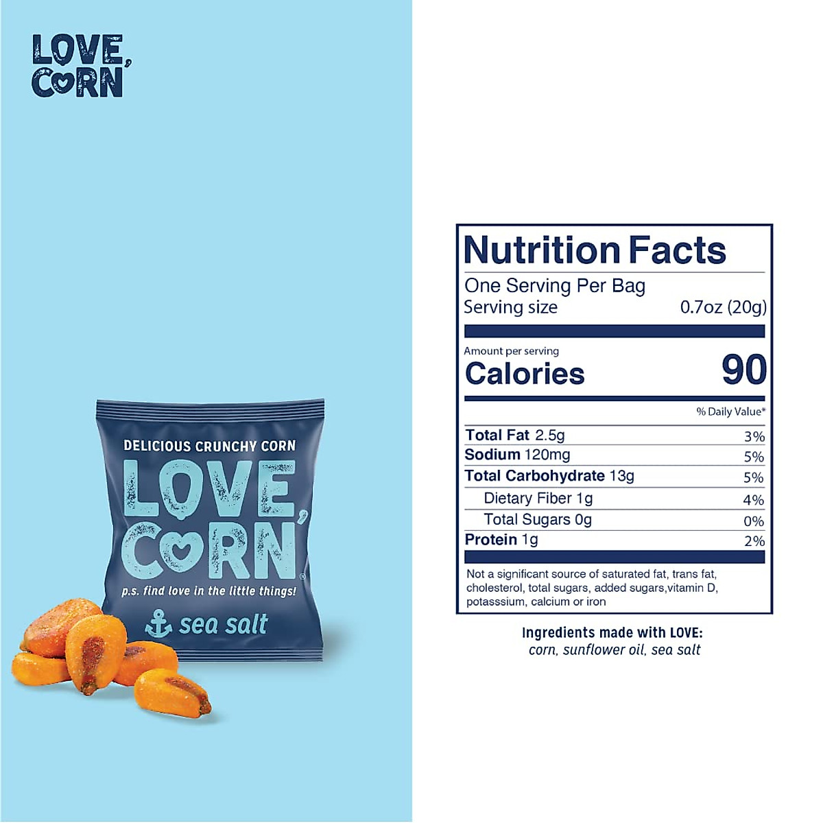 LOVE CORN Sea Salt 0.7oz x 20 Bags - Delicious Crunchy Corn - Healthy Family Snacks - Gluten Free, Kosher, NON-GMO - Alternative for Chips, Nuts, Crackers & Pretzels - Perfect for Charcuterie Boards