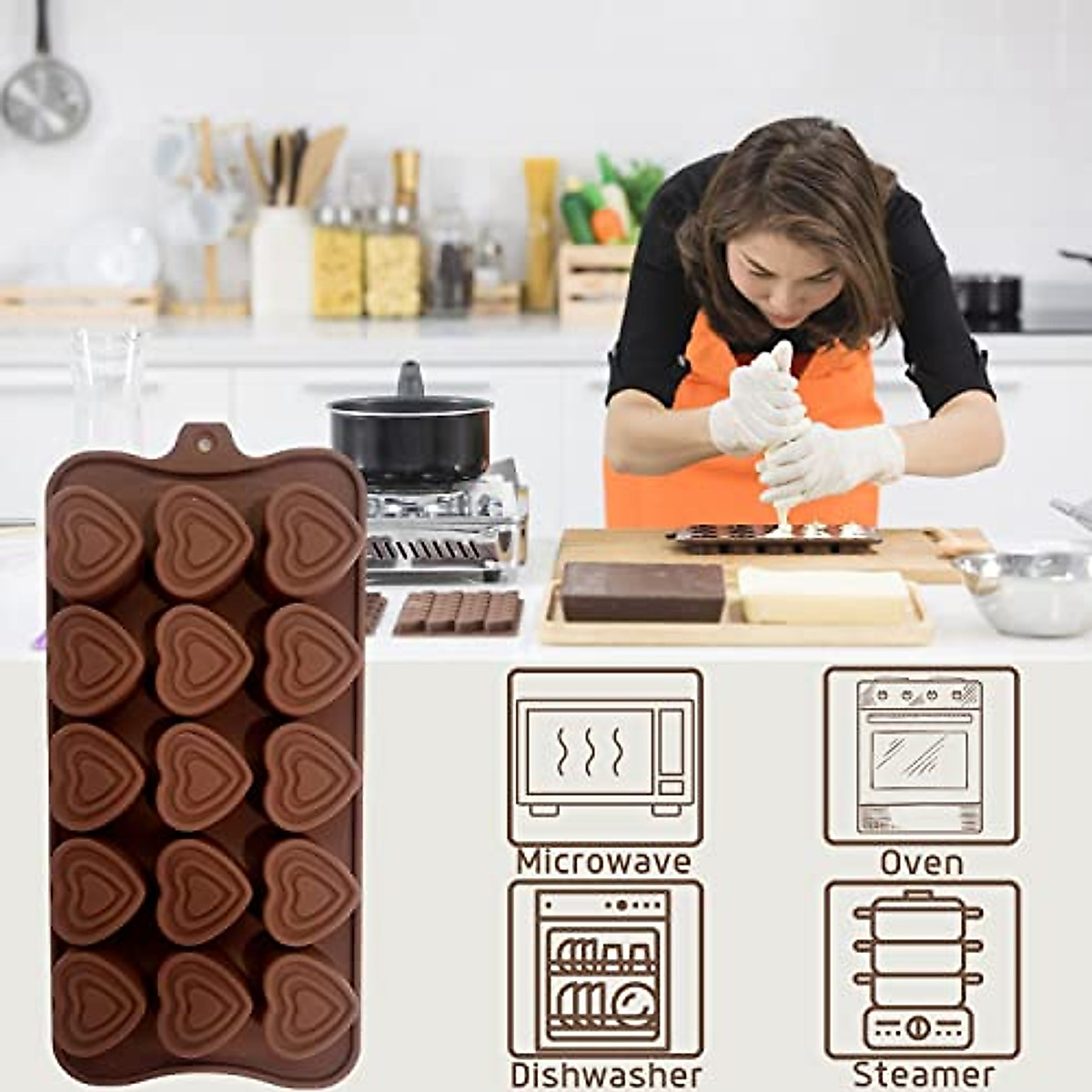 Crethinkaty Valentines Chocolate Moulds - 1 Pack 15-Cavity Heart Silicone Chocolate Moulds Chocolate Making Molds Silicone Candy Moulds for Valentine's Day Wedding