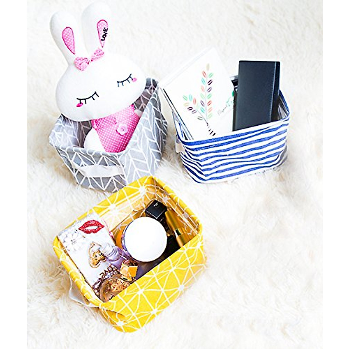 Lannu Pack 4 Canvas Storage Bins Basket Organizers Foldable Fabric Cotton Linen Blend Storage Bins for Makeup, Book, Baby Toy Basket, 8x6x5.5 inch