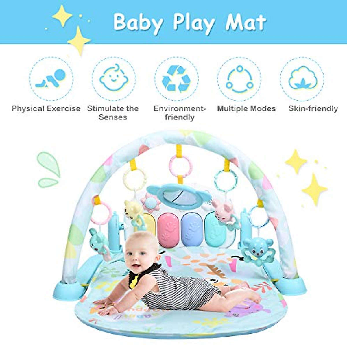 BABY JOY Baby Play Mat, Kick and Play Gym with Detachable Piano, Super Soft Foot Gym Carpet Fitness Rack, 4 Rattle Pendants and 1 Moon, Ideal for Baby Room (Blue)