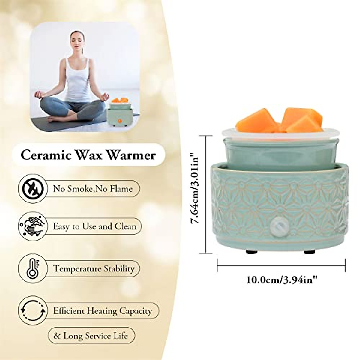 ASAWASA Wax Melt Warmer with 1 pc Silicone Dish,3-in-1 Ceramic Wax Melter Burner for Kitchen Home Spa Yoga Gift (Cyan Hexagon Pattern)