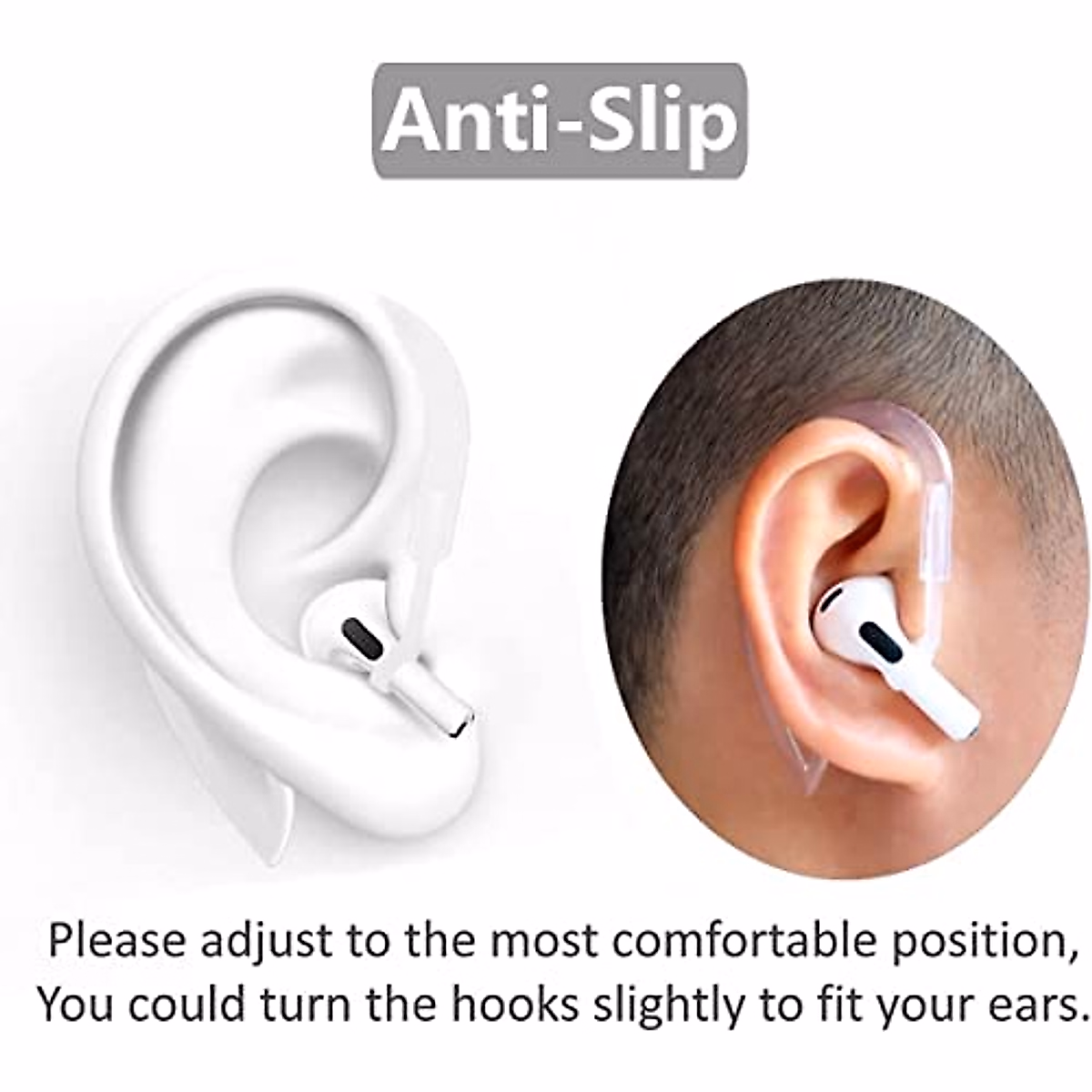 ALXCD Ear Hooks Compatible with AirPods Pro 2 & AirPods, 6 Pairs Adjustable Over-ear Soft TPU Ear hook [Anti Slip][Anti Lost], Compatible with AirPods Pro 2 AirPods3 All Generations, Black White Clear