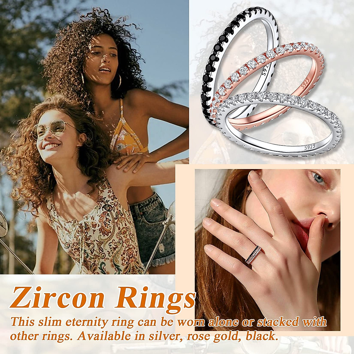 Suplight 925 Sterling Silver Rings 2MM Black Cubic Zirconia Eternity Rings 2MM Wedding Band for Women Size 9