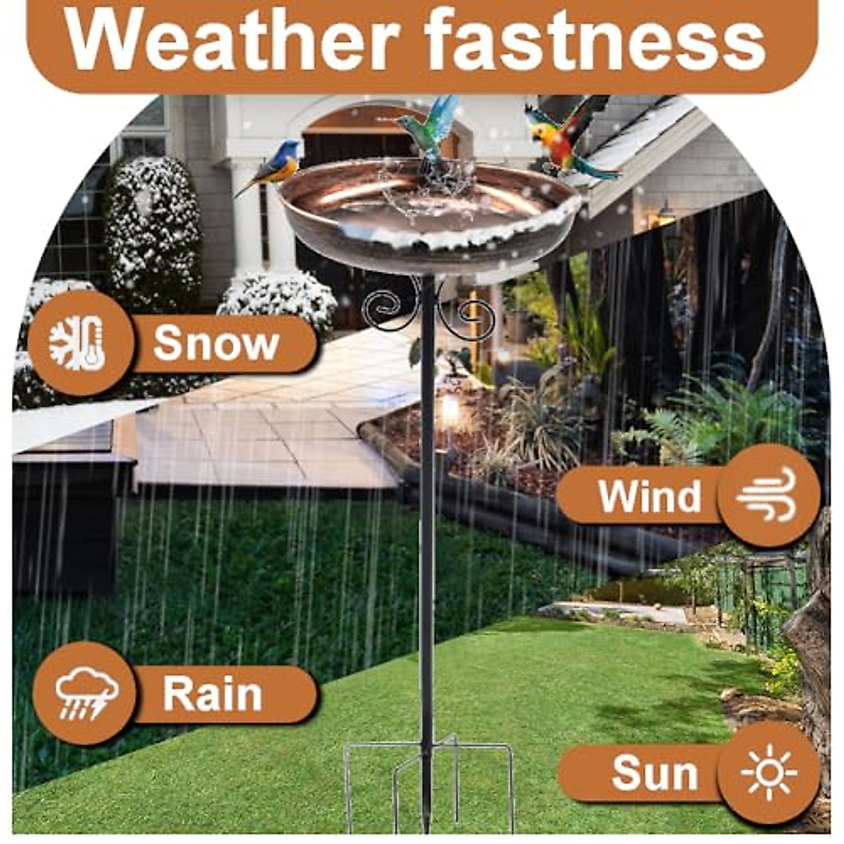 OUISJYER Small Metal Bird Baths for Outdoors, 10" Dia Bowl with Stake Birdbaths Garden Yard Lawn Decor Brown