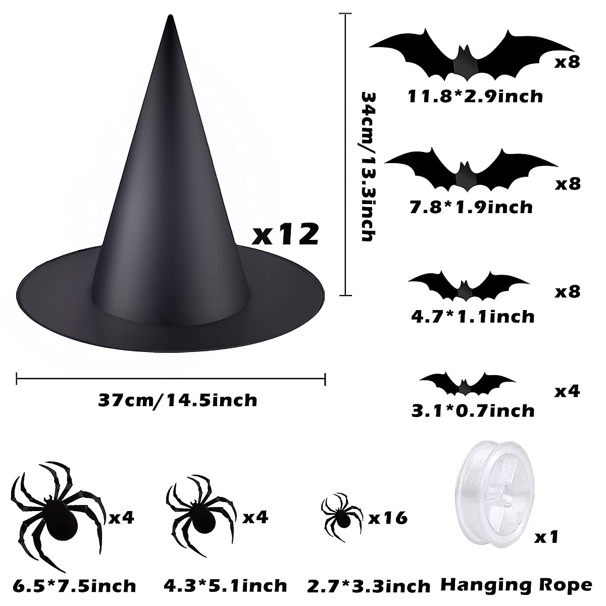 TREWAVE 12PCS Black Halloween Witch Hat with 3D Spider Bat Wall Decal Stickers 100 Yards Hanging Rope, Witch Costume Accessory Party Favor for Halloween Party Cosplay Decoration