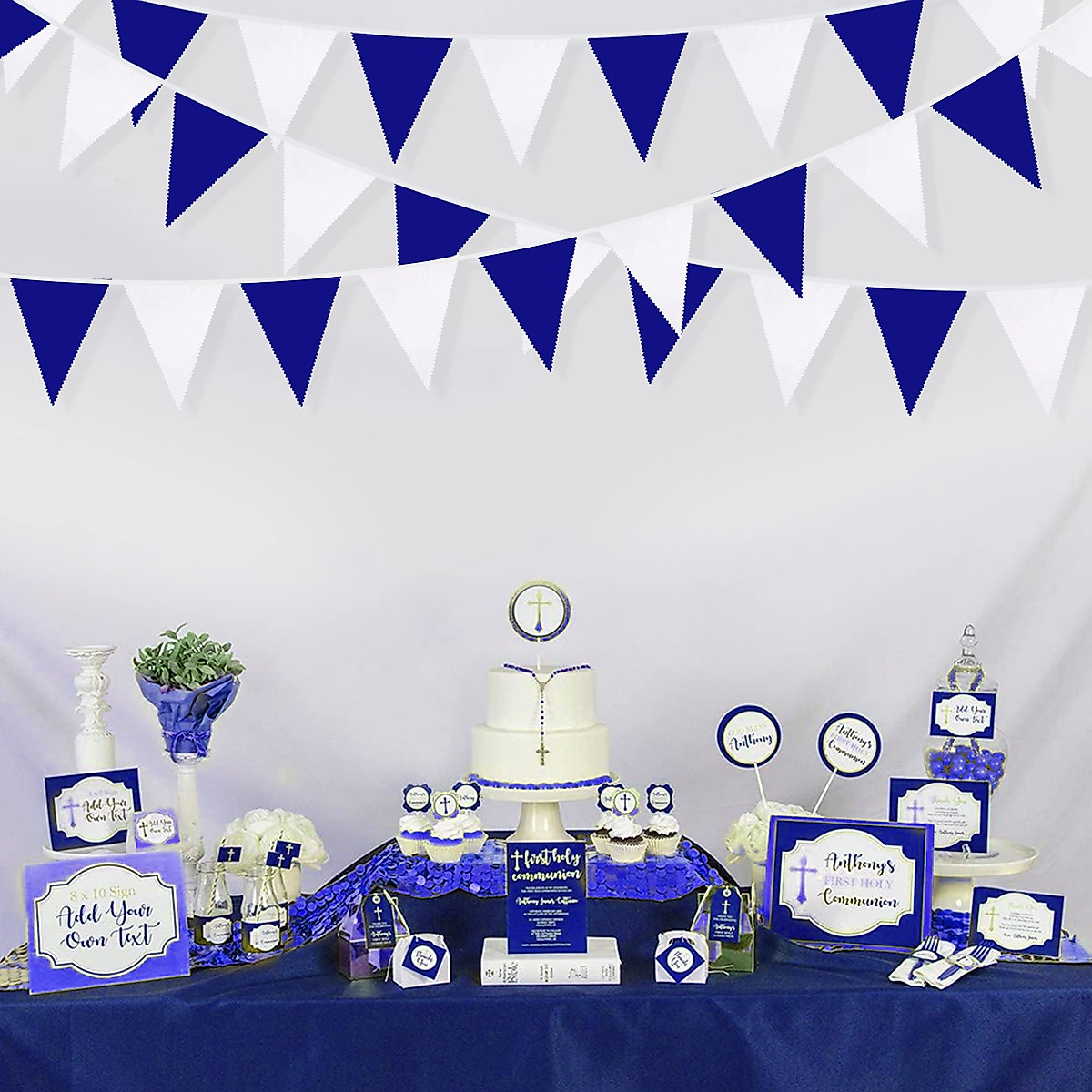 32Ft Royal Blue White Party Decorations Triangle Flag Pennant Bunting Fabric Garland for Wedding Birthday Ahoy Achor Nautical Pirate Bridal Baby Shower Under The Sea Party Festivals Decoration