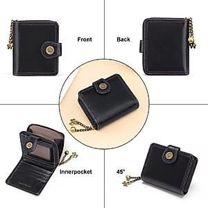 Cnoles Small Genuine Leather Wallets For Women Small Bifold Purse Zipper Pocket Wallet with ID Window Black