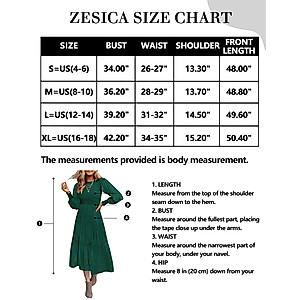 ZESICA Women's Casual Long Sleeve Crew Neck High Waist Smocked Flowy Tiered Midi Dress,DarkGreen,Large