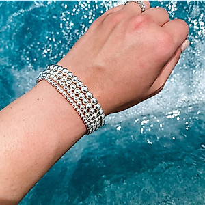 XIJIN 4Pcs Silver Beaded Bracelets Set Stainless Steel Friendship Cuff Bangle Bracelets for Women
