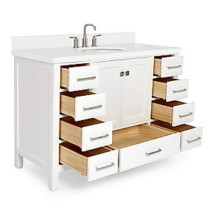 ARIEL 49" White Bathroom Vanity with 1.5" Edge Pure White Quartz Countertop & Backsplash, Center Oval Sink, 2 Soft Closing Doors, 9 Full Extension Dovetail Drawers, Brushed Nickel