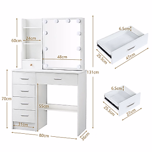 Lucaseone Vanity Desk with Lights Mirror, Vanity Table Makeup Vanity with Slidable Mirror,Drawers & Stool,for Bedroom, White (7507USB)