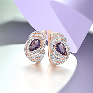 Santuzza 925 Sterling Silver Pear Shape Purple Glass Earrings Cubic Zirconia 14K Rose Gold Plated Dangle Earrings for Women