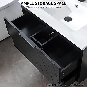 eclife 36" Bathroom Vanities Cabinet with Sink Combo, Wall Mounted Floating Cabient with Decoration Lines, Soft-Close System, 2 Extra Big Drawers, Matte Black Faucet, Black, THKFSF022