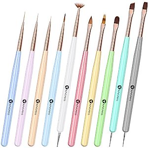 KINGMAS Nail Art Brushes, 10Pcs Nail Gel Polish Painting Brush Drawing Pen, Nail Liner Brush and Nail Dotting Pen Nail Dust Cleaning Brush