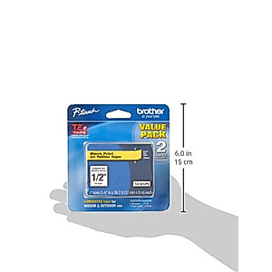 Brother Genuine P-Touch, TZe-6312Pk Tape ½” (12mm) 2-Pack Laminated P-Touch Tape, Black On Yellow Perfect for Indoor Or Outdoor Use, Water Resistant, 26.2 Ft. (8M)