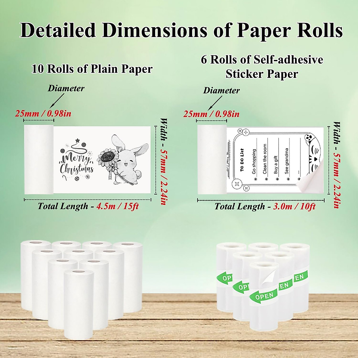 10Pcs Mini Printer Paper, 57 x 25 mm 5 Rolls Self Adhesive Thermal Paper Printable Sticker Paper and 5 Rolls White Printing Paper for Pocket Thermal Printer