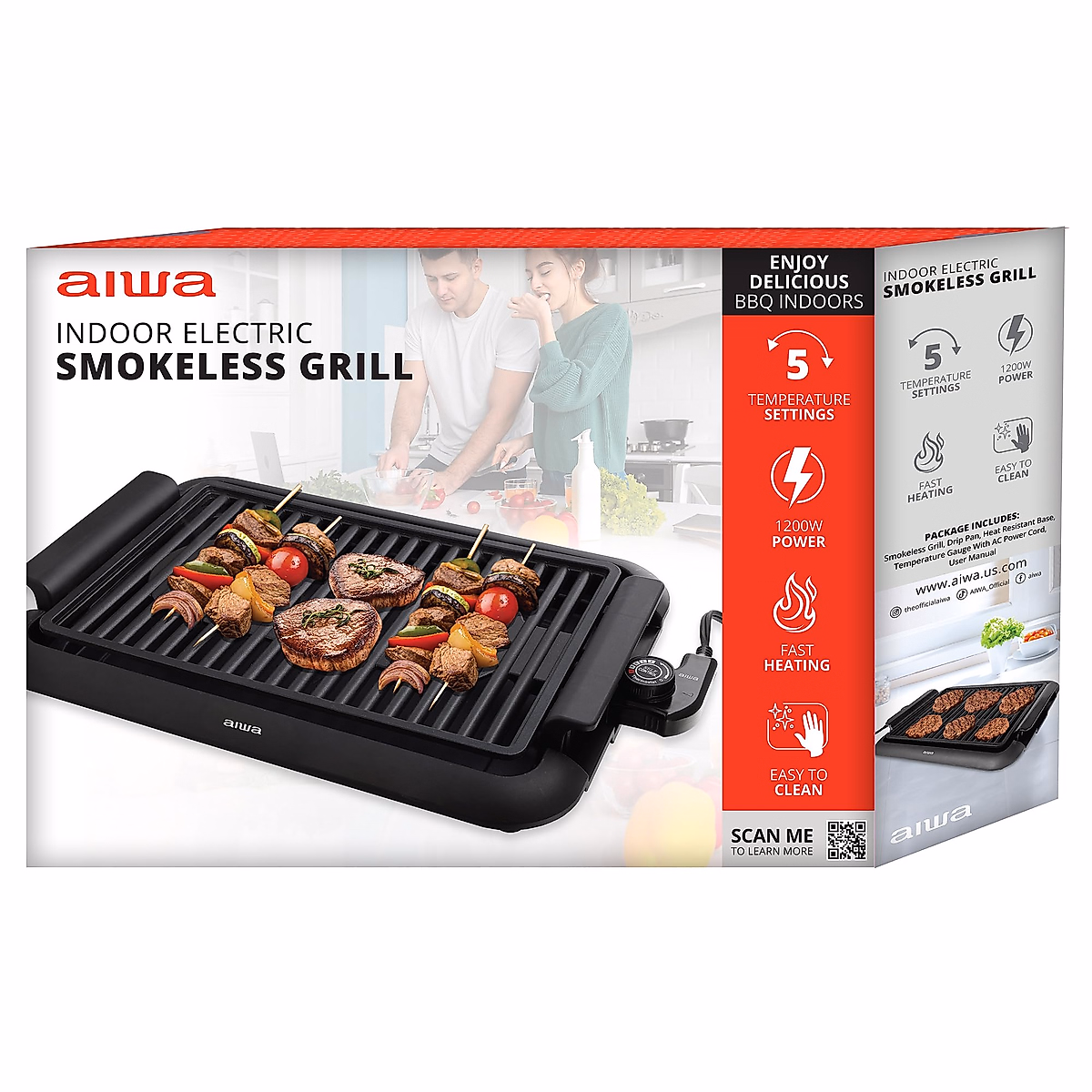 Aiwa 1200W Indoor Smokeless Grill with 5 Temperature Settings & Easy Cleaning, Black Ceramic Nonstick Skillet