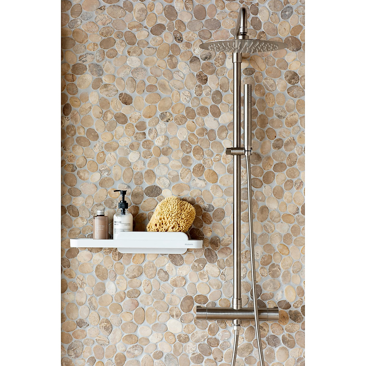 Brabantia MindSet Wall-Mounted Shower Shelf & Squeegee (Mineral Fresh White) Shower Soap, Shampoo Holder + Glass Cleaner (2.9 x 16.5 x 3.5)