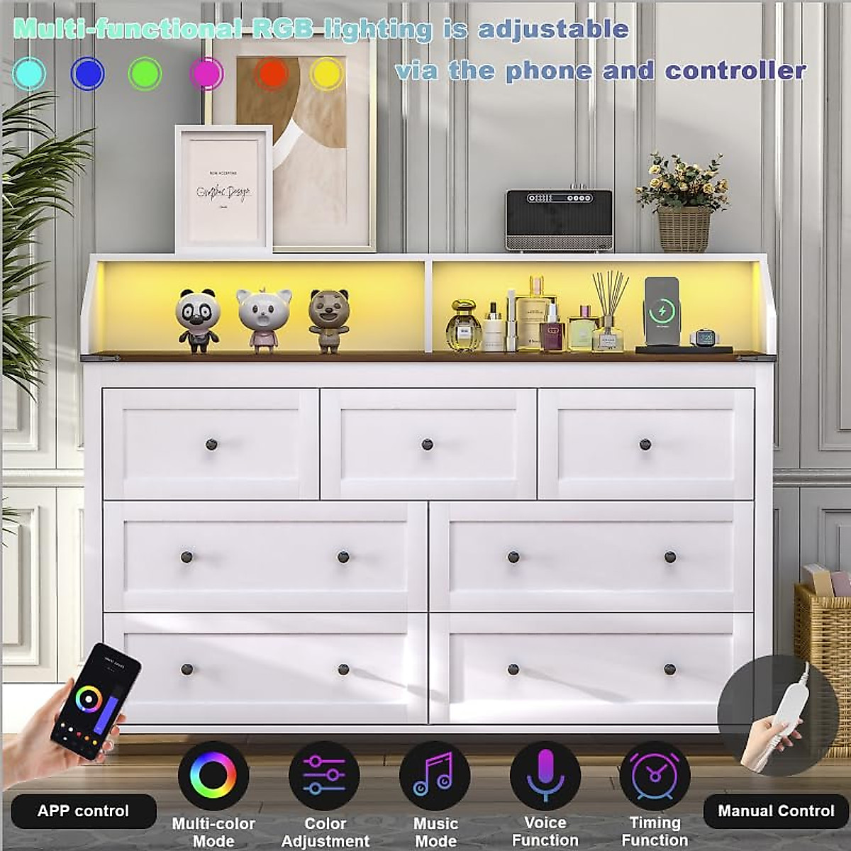 GlouMod LED Dresser with Charging Station, 7 Drawer Dresser for Bedroom, Chest of Drawers with RGB Lights, Wood Dresser with Deep Drawers for Bedroom, Hallway, White Dresser