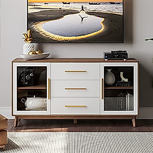 BELLEZE Sideboard Buffet Cabinet with 3 Drawers & 2 Doors, Console Table for Kitchen Glass Storage Cabinet Coffee Bar Accent Cabinet for Living Room Dining Room Hallway, White