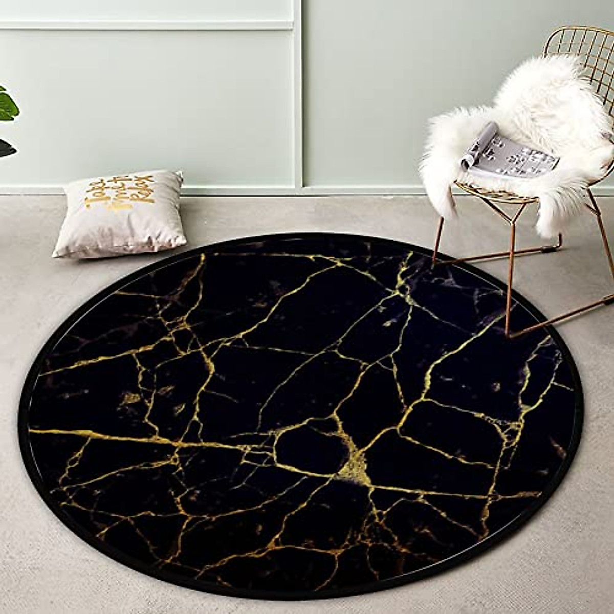 BVOGOS 36 inch Large Round Rugs Black and Gold Marble Ultra Soft Kids Floor Playing Mat for Bedroom Living Room Baby Room, Non-Skid Lightweight Foam Area Rugs Home Decor