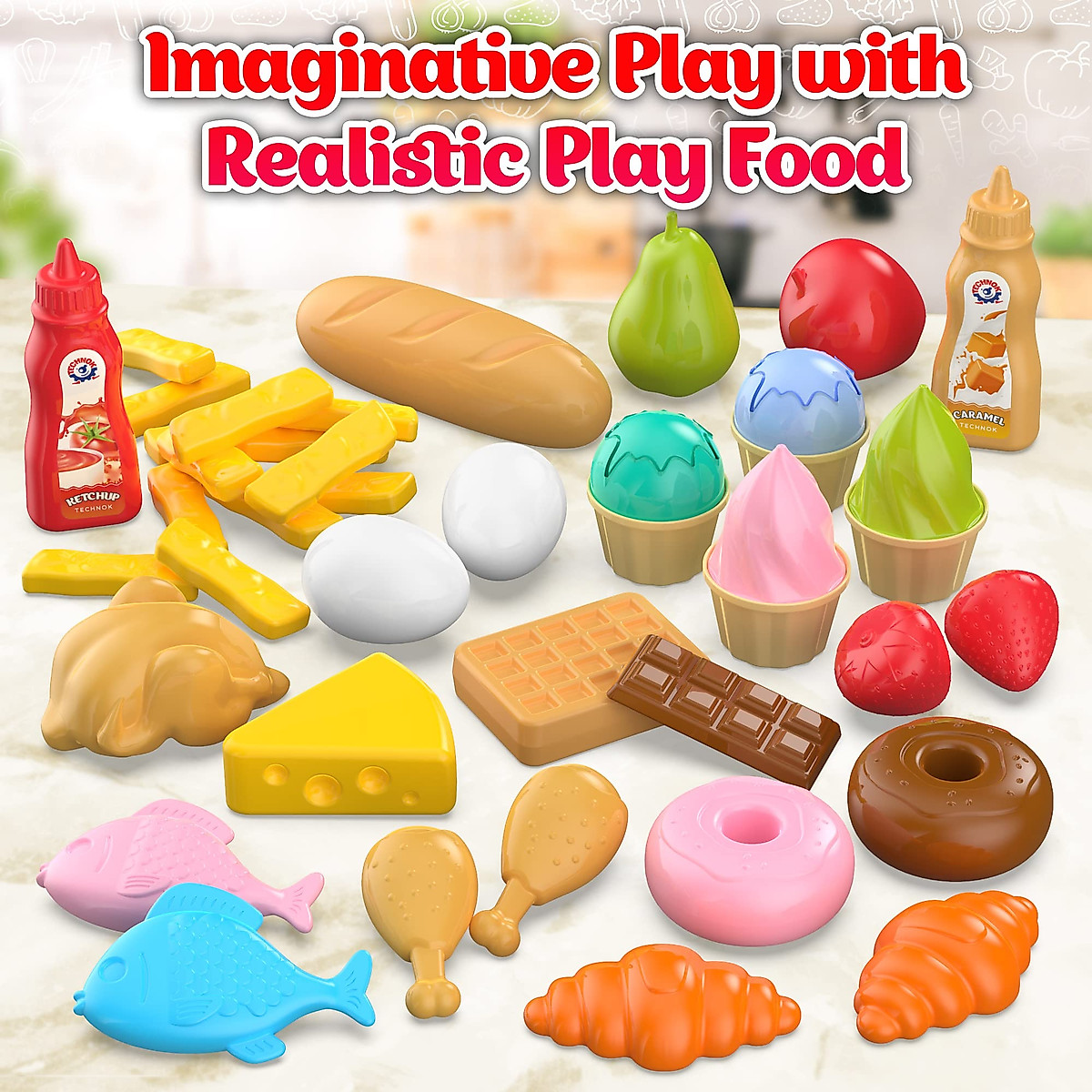 TECHNOK 83PCS Pretend Play Kitchen Toys Cookware with Play Food Toy Set - Play Dishes Cookware Set - Large Toy Pots and Pans for Kids Kitchen Pretend Dishes - Play Food Set - Cooking Utensils