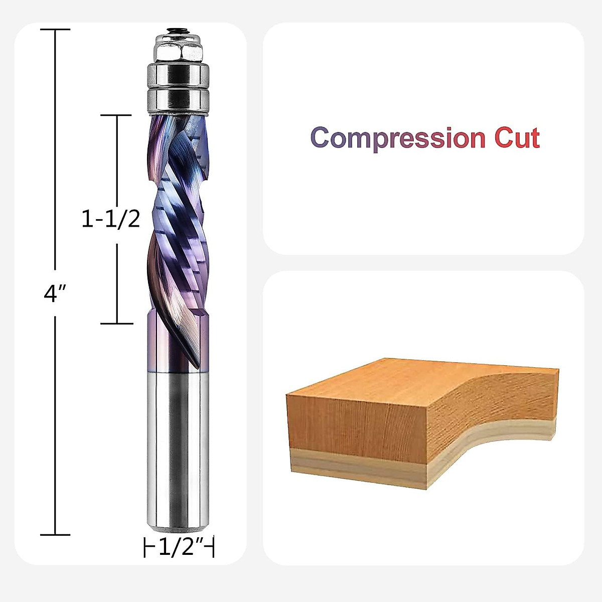 SpeTool Up Down Compression Spiral Flush Trim Router Bit Bottom Bearing,1/2 Inch Shank 1-1/2 Inch Cutting Length Solid Carbide Extra Long Flush Trim Router Bits