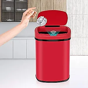 Automatic Trash Can 13 Gallons Garbage Can Waste Bin with Lid Kitchen Touchless Sensor Trash Bins Brushed Stainless Steel Garbage Bin for Home Office Bathroom, Red