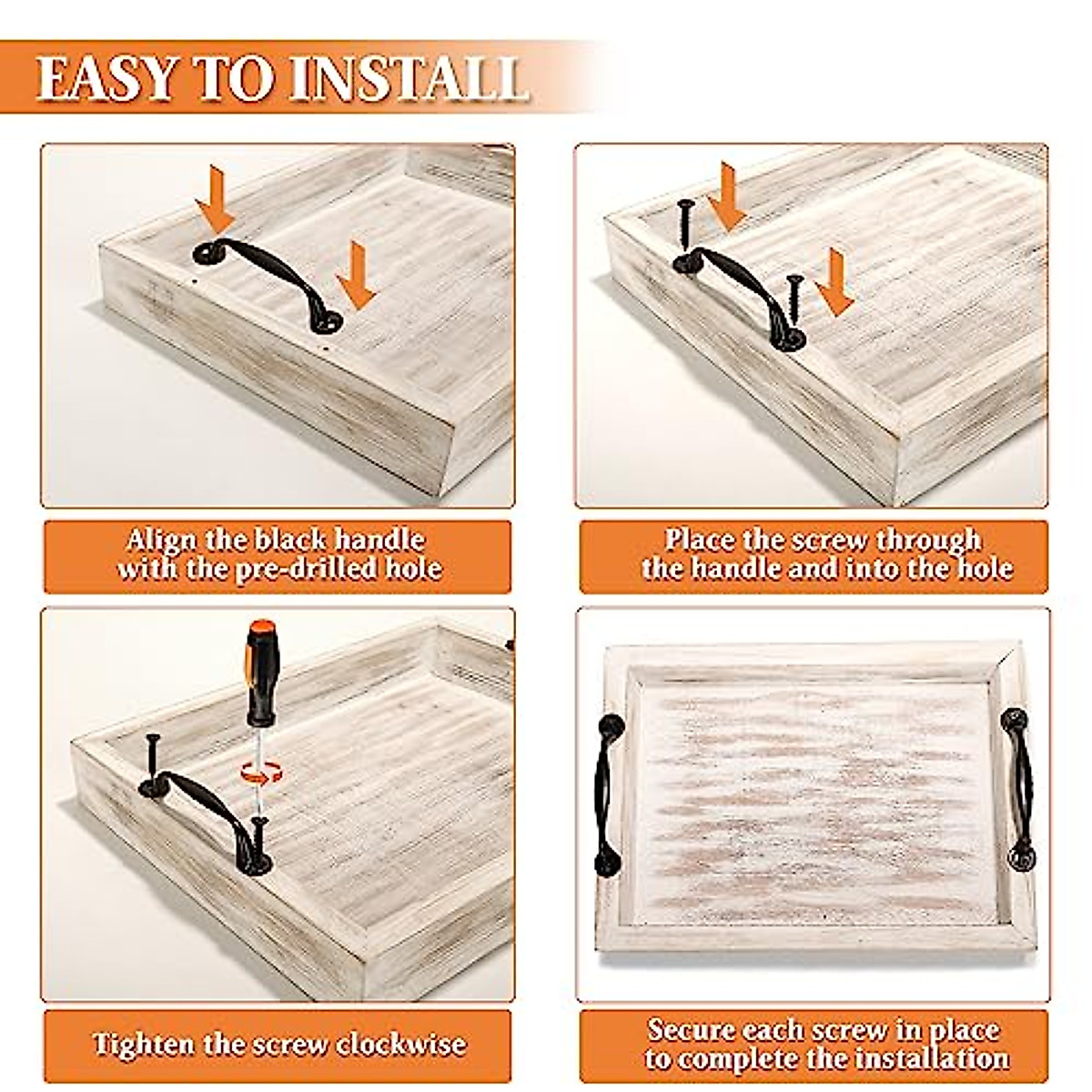 Set of 2 Rustic Farmhouse Wooden Serving Tray with Handles, Nesting White Decorative Trays for Coffee Table Ottoman Kitchen Bed Dining Table Centerpiece Rectangular Tray for Food Fruits Coffee Candles