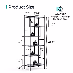 LINSY HOME Bookshelf, 5 Tier Wood and Metal Book Shelf, 68 Inches Display Tall Bookcase, Open Display Shelves for Living Room Bedroom Home Office, Grey