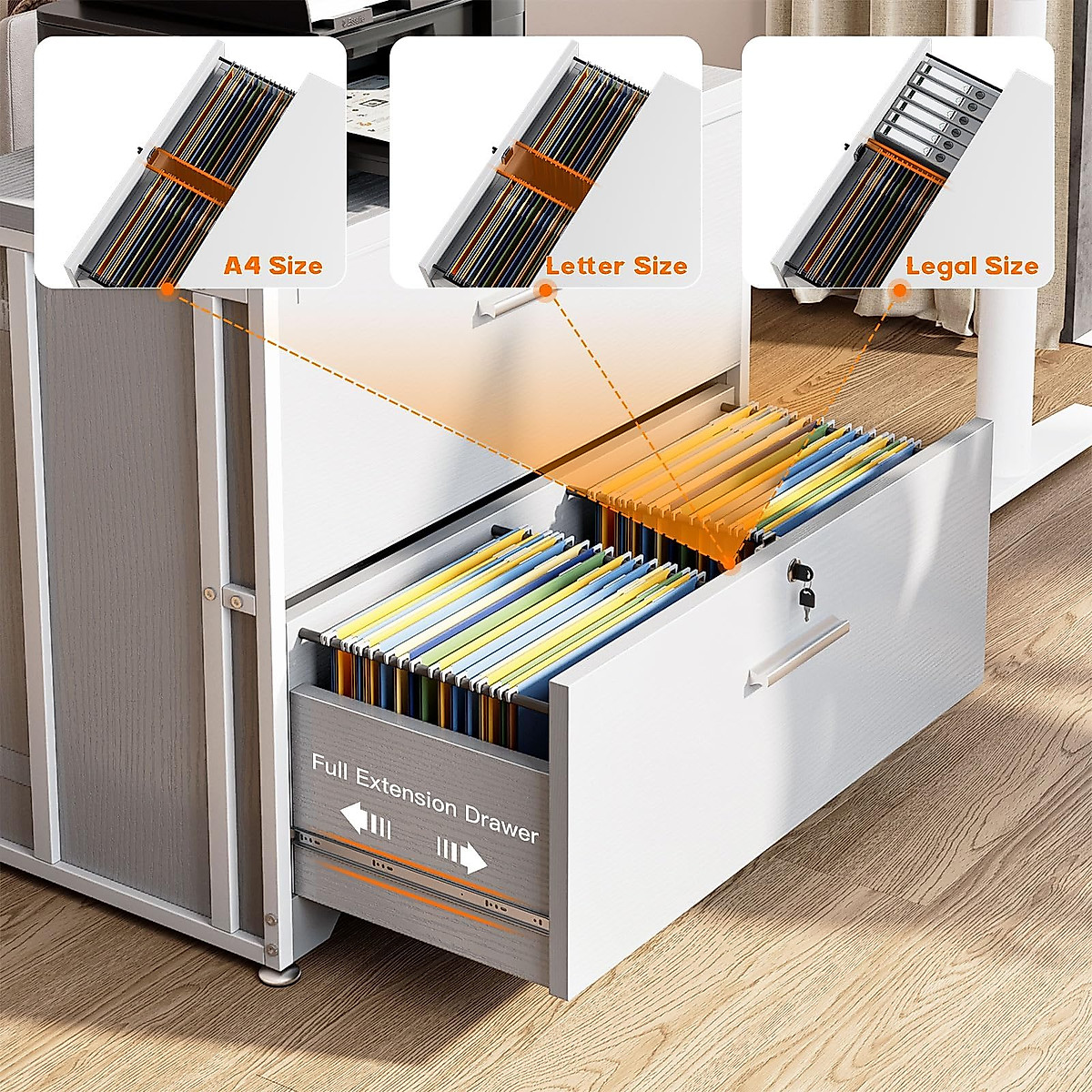 AODK File Cabinet with Charging Station Filing Cabinet for Home Office, Large File Cabinets with Lock, Office Storage Cabinet 2 Drawer for Legal/Letter/A4 File, White