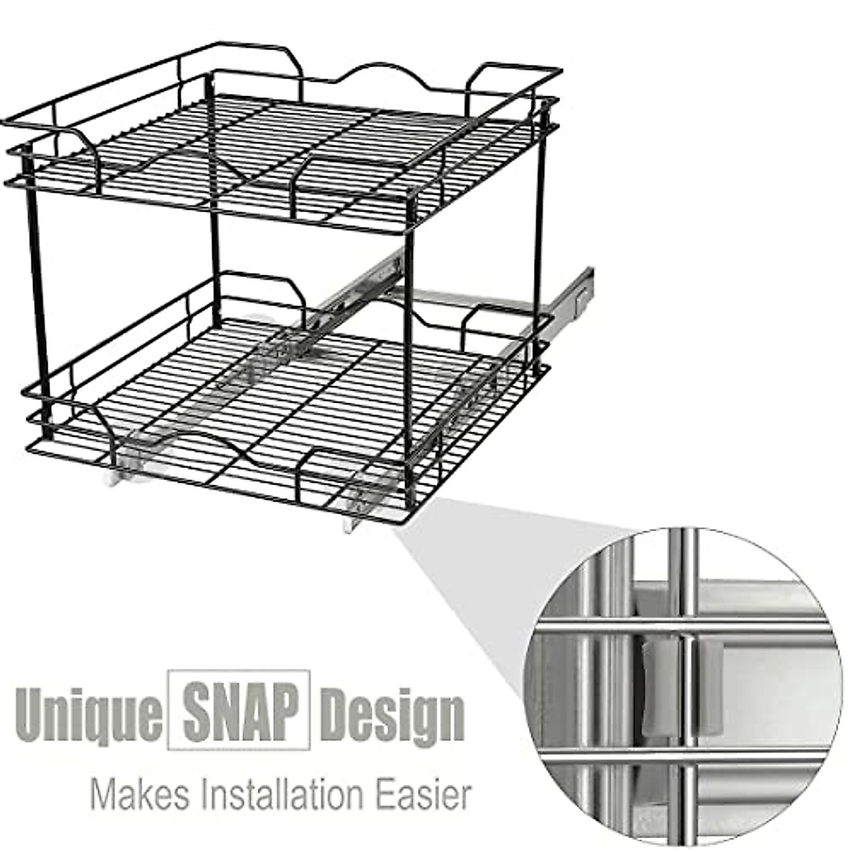 OCG Pull Out Cabinet Shlef 14" W x 18" D, 2 Tier Heavy Duty Slide Out Shelves, Pull Out Drawer for Cabinet, Black