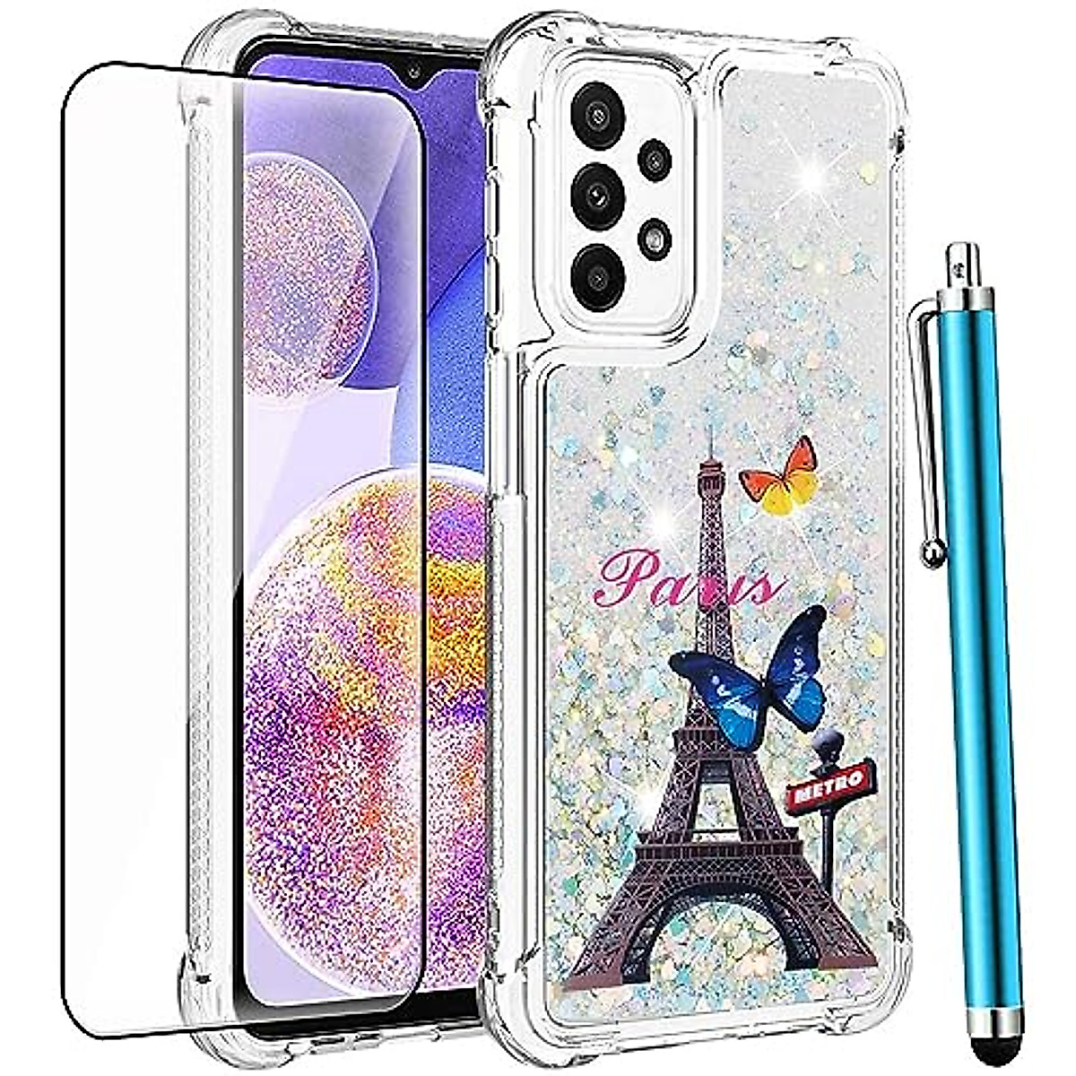 CAIYUNL for Galaxy A23 5G Phone Case with Screen Protector,Samsung Galaxy A23 5G Case,Women Girls Cute Glitter Bling Flowing Liquid Quicksand Soft TPU Shockproof Cover for Samsung Galaxy A23 5G-Sliver