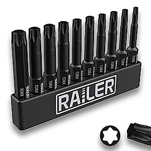 TORX Bit Set, Railer 10-Piece 6 Point TORX Screwdriver Bit Set. S2 Steel Impact Driver T10 T15 T20x2 T25x2 T27 T30x2 T40 Torx Star Bits