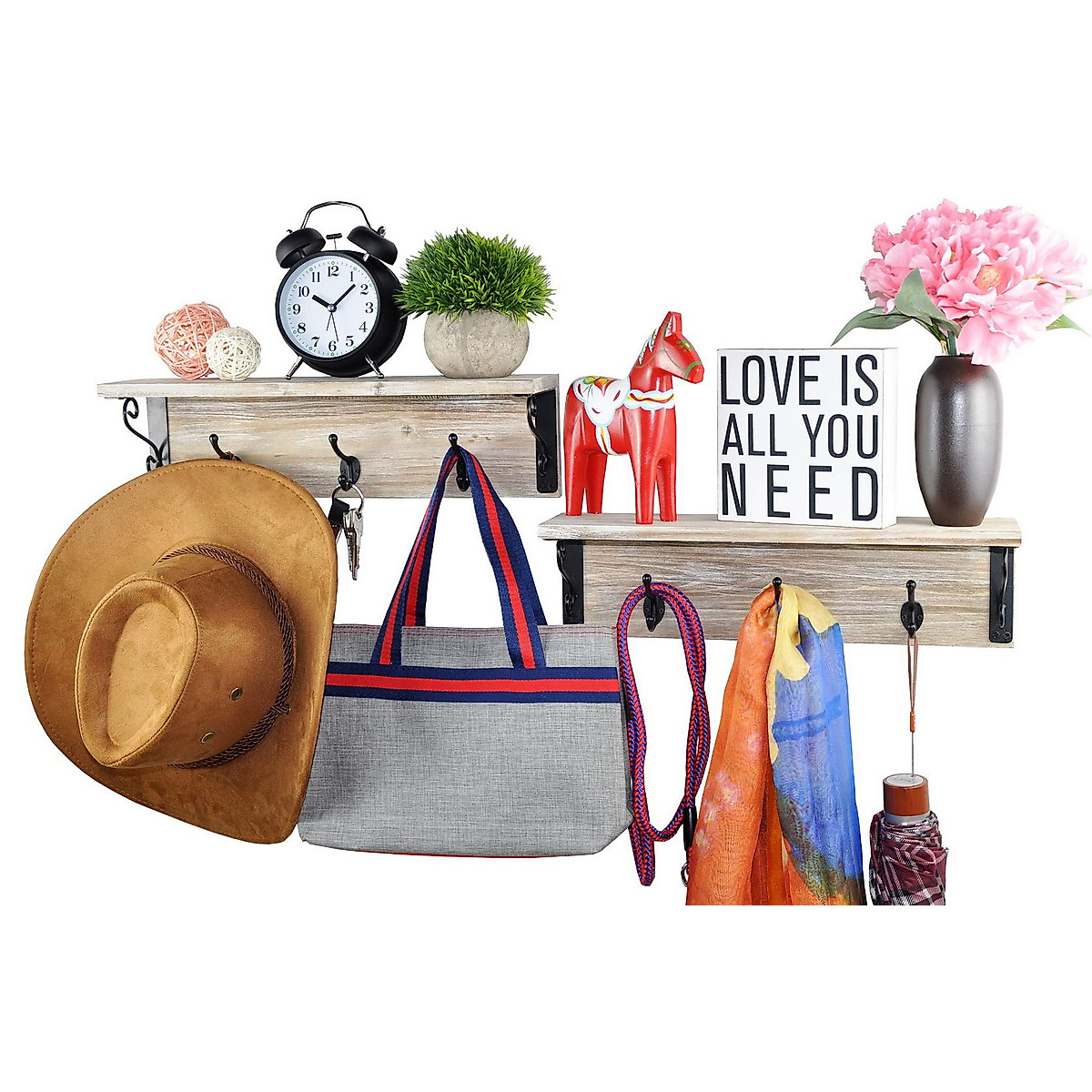 Spiretro Wall-Mounted Coat Hook Rack with Shelf - Set of 2 - Rustic Wood Grey - Entryway Mudroom Bathroom Organizer