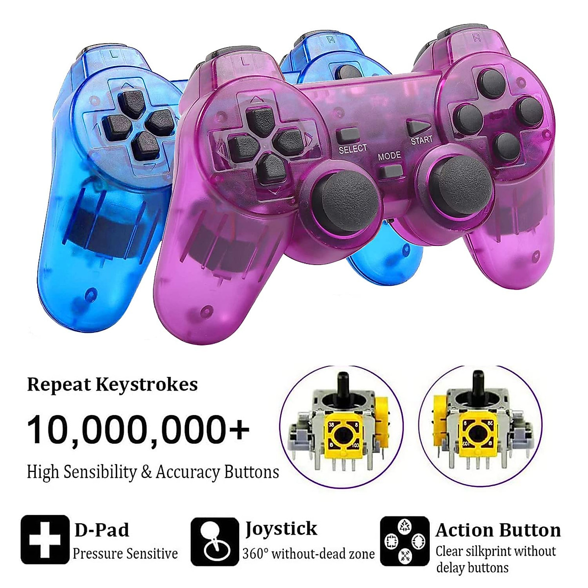 NATGLOW Wireless Controller for PS2, 2.4G Double Shock Game Controller Remote 2 Pack 1