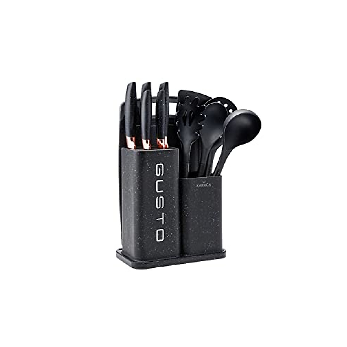 Karaca Gusto Knife and Chopping Board Set, 12 Pcs, Stainless Steel 5 Knives with Black Handles and 5 Pcs Kitchen Utensils with Special Stand including Cutting Board