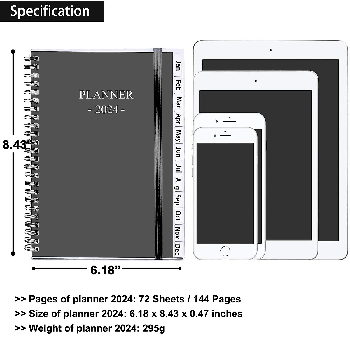 Veiai 2024 Planner,January - December, Wirebound,Weekly and Monthly with Monthly Tabs Planner, Frosted Cover,6.5"x8.5", Twin-Wire Binding Calendar Notebook (Black)