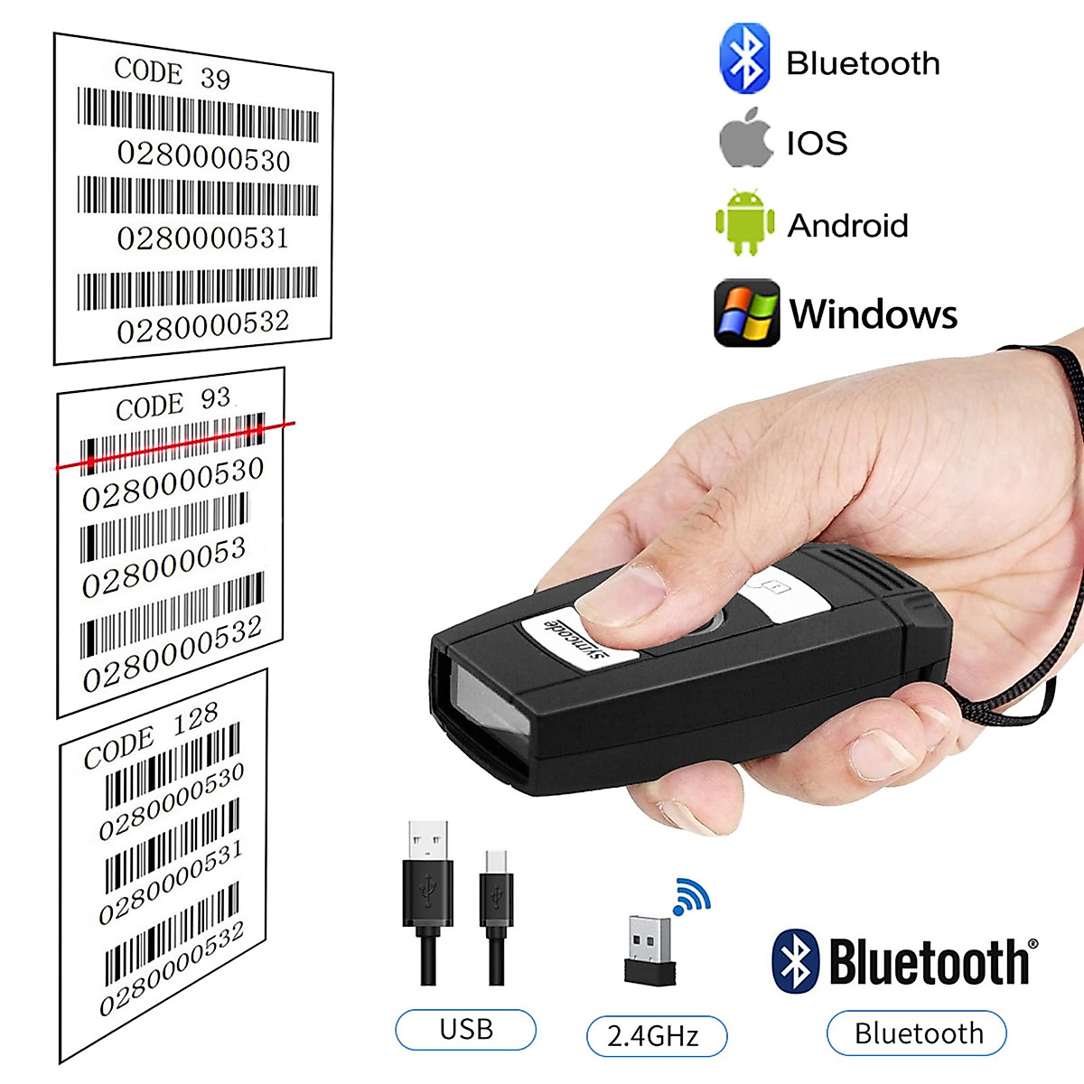 Mini 1D Bluetooth Barcode Scanner Wireless Bar Code Scanner 3-in-1 Bluetooth/USB Wired/2.4G Wireless Barcode Reader laser Code Scanner for Inventory Code Image Reader for Tablet iPhone iPad Android PC