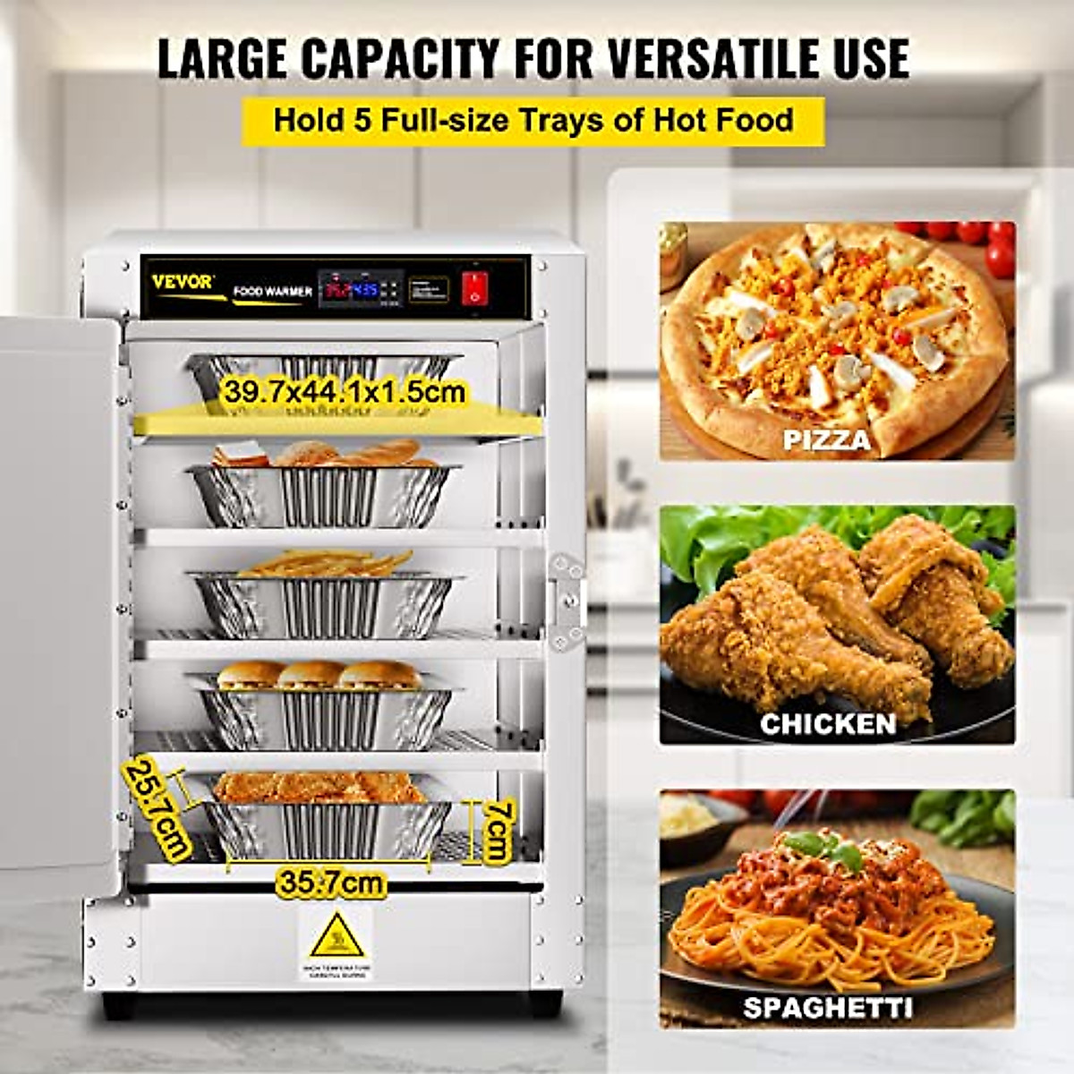 VEVOR Hot Box Food Warmer, 19"x19"x29" Concession Warmer with Water Tray, Five Disposable Catering Pans, Countertop Pizza, Patty, Pastry, Empanada, Concession Hot Food Holding Case, 110V UL Listed