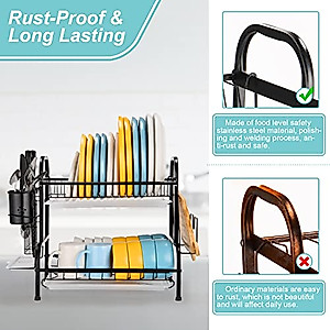 JOFTIX Dish Drying Rack, 2 Tier Stainless Steel Dish Rack for Kitchen Counter, Large Rust-Proof Dish Drainer with Drainboard, Utensil Holder, Cutting Board Holder, Black