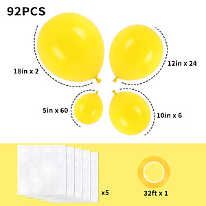 RUBFAC 92pcs Yellow Balloons Different Sizes 18 12 10 5 Inch for Garland Arch Premium Latex Balloons for Happy New Year Decorations 2024 Birthday Party Graduation