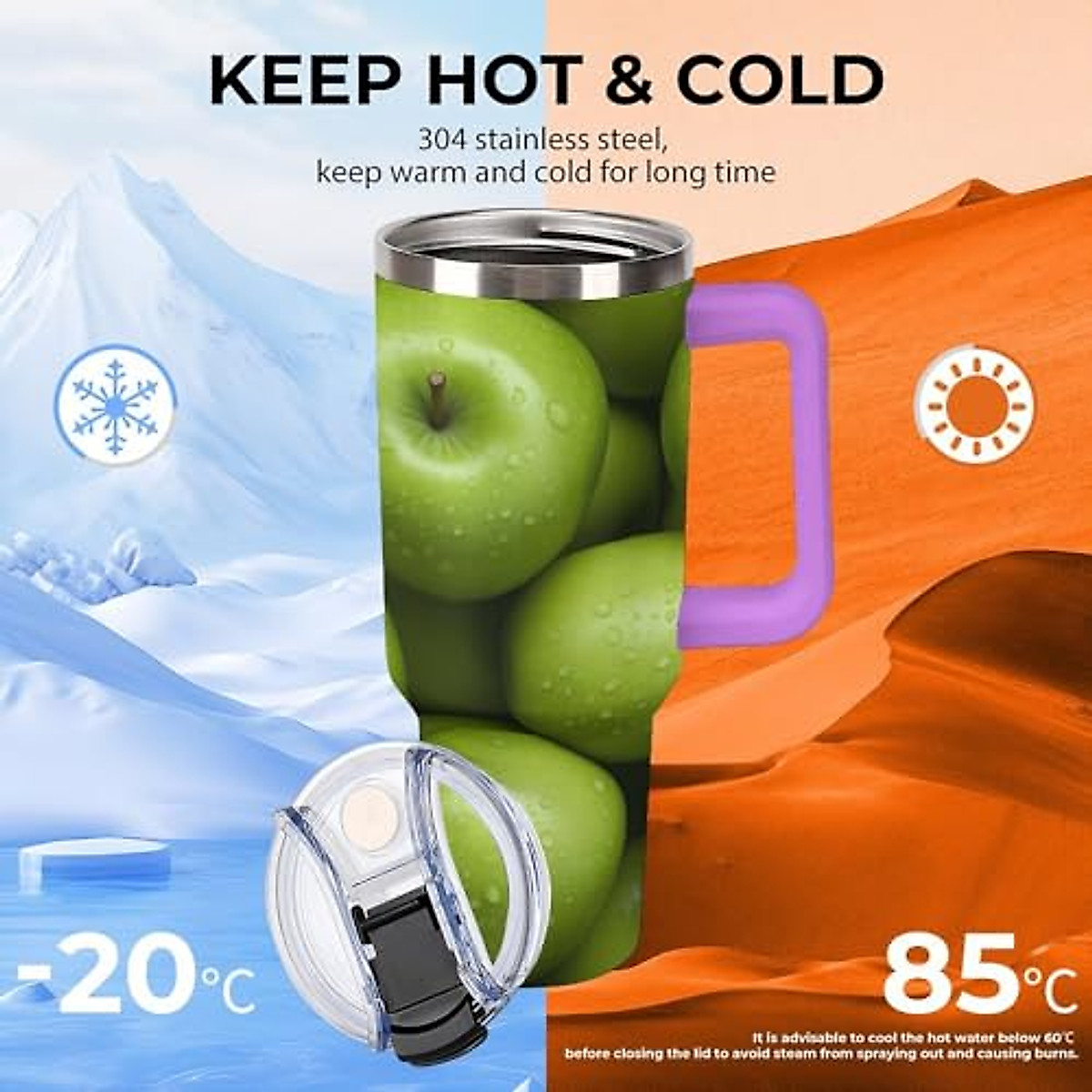 Green Apples Water Drop 40 Oz Car Cup Stainless Steel Travel Mug Leak-Proof Insulated Tumbler with Handle Violet-style